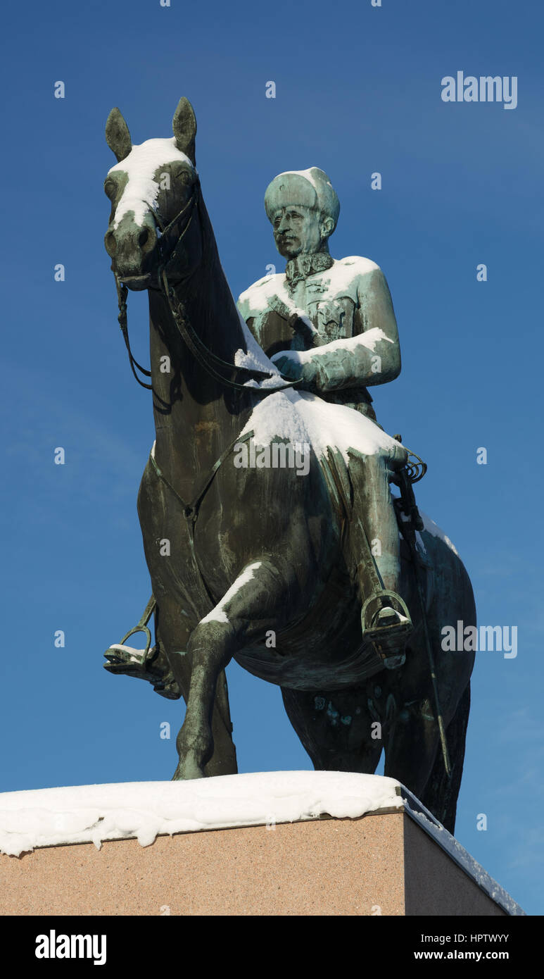 Snow decorates the equestrian statue of Marshal C.G.E. Mannerheim in ...