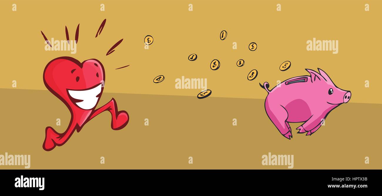 A beautiful illustration of a heart chasing a piggy bank. spend concept ...