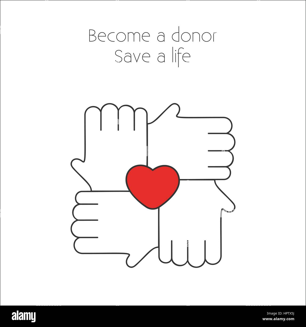 Four white hands linked in the lock with red heart between them on ...