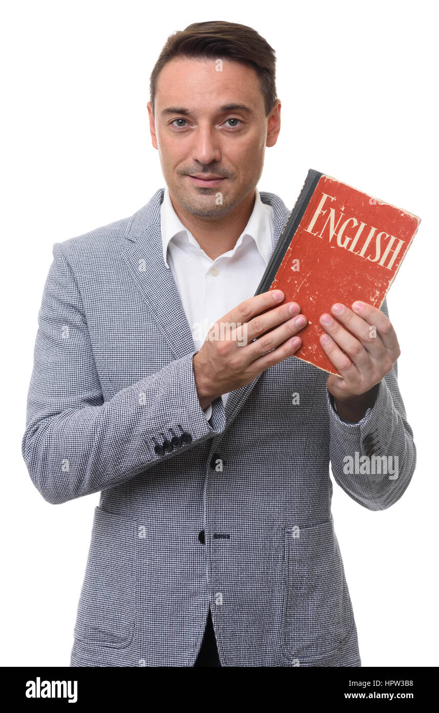 English courses concept. Man showing a textbook. Isolated on white ...