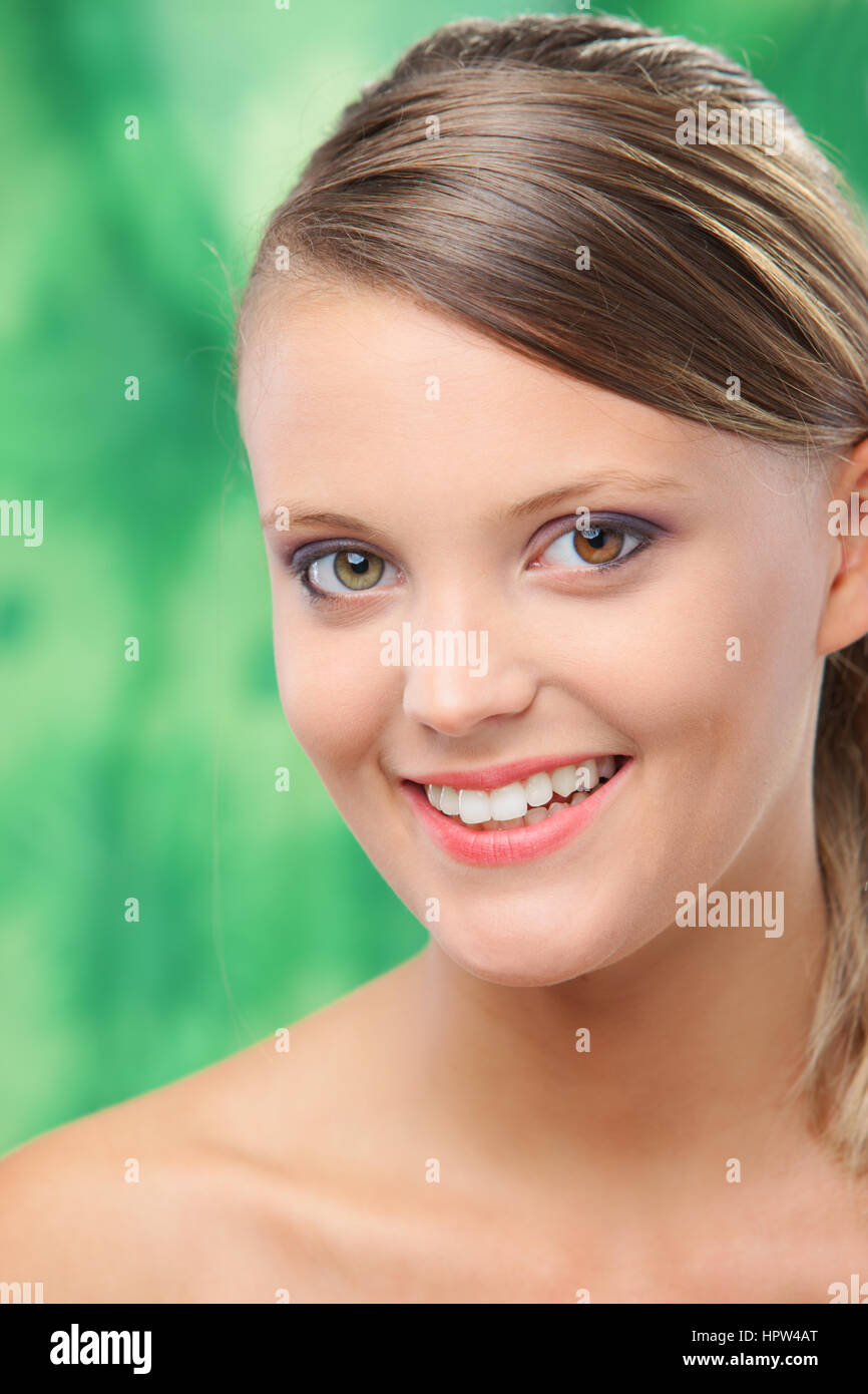 Close Up Beauty Portrait Of A Smiling Beautiful Young Woman Stock