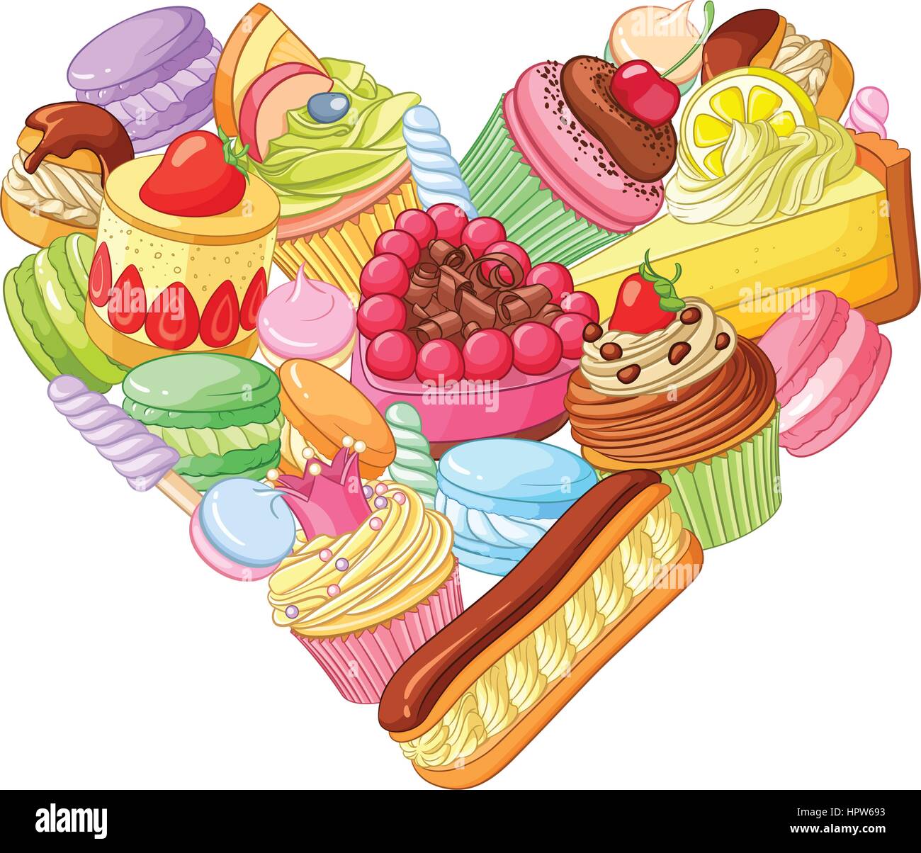 Cute colorful heart from sweets, pastry and cupcakes. Vector ...