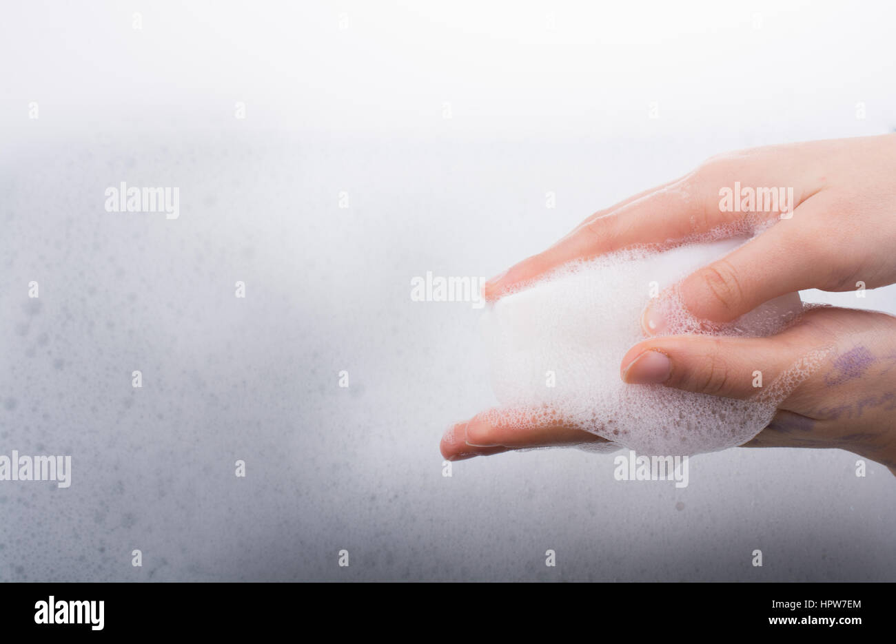Hand washing and soap foam on a foamy background Stock Photo - Alamy