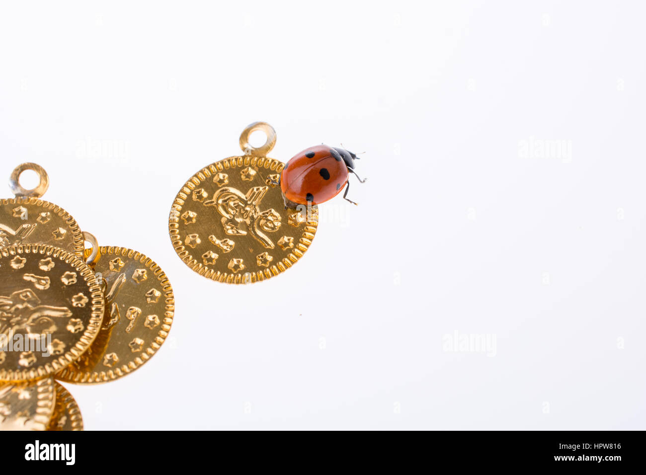 Beautiful photo of red ladybug walking on a fake coins Stock Photo - Alamy