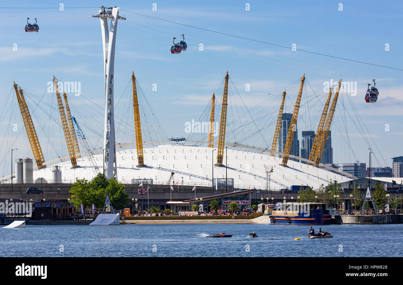Th O2 with Cable cars and water sports on the dock Stock Photo - Alamy