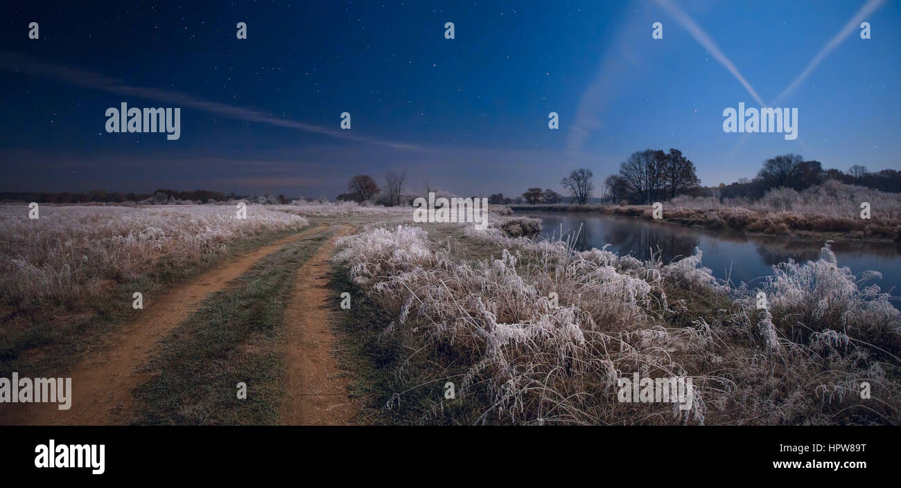 Frosty autumn night. Bright moonlight. Sky with stars Stock Photo - Alamy
