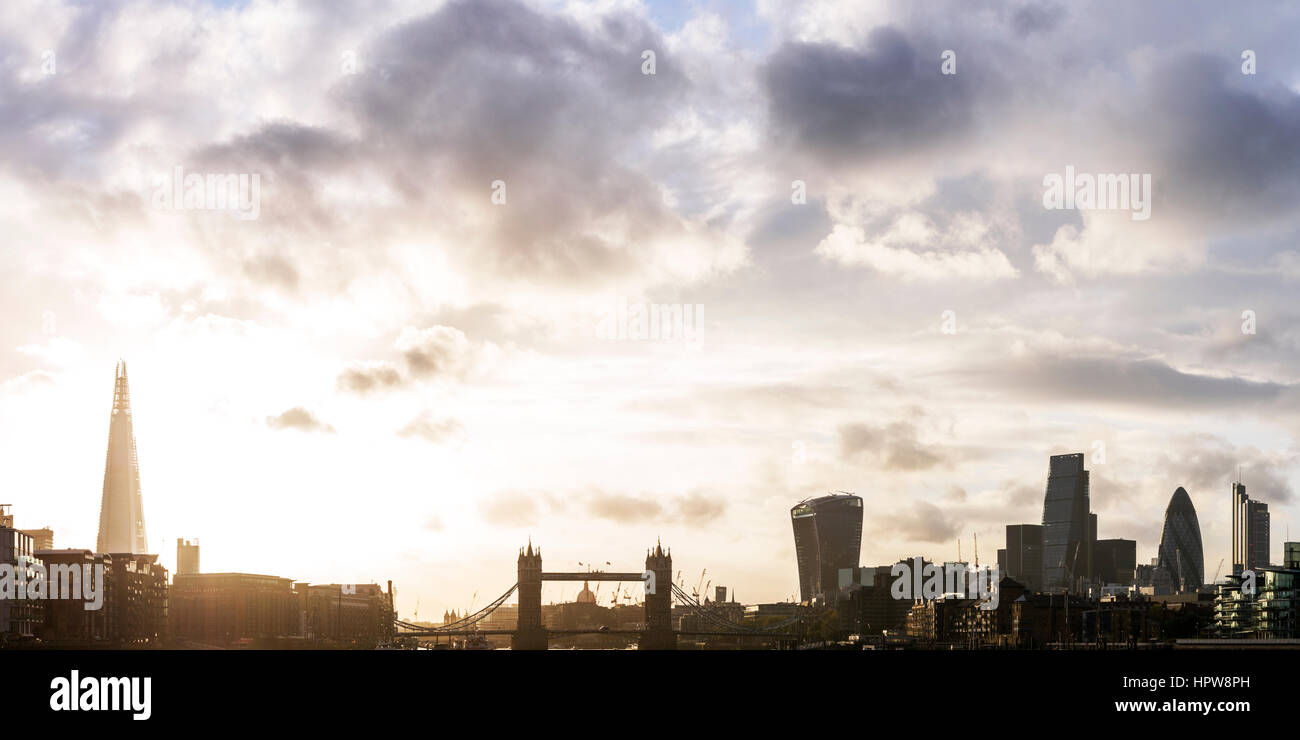 UK, London, Panoramic view of the Shard, Tower Bridge and the financial ...