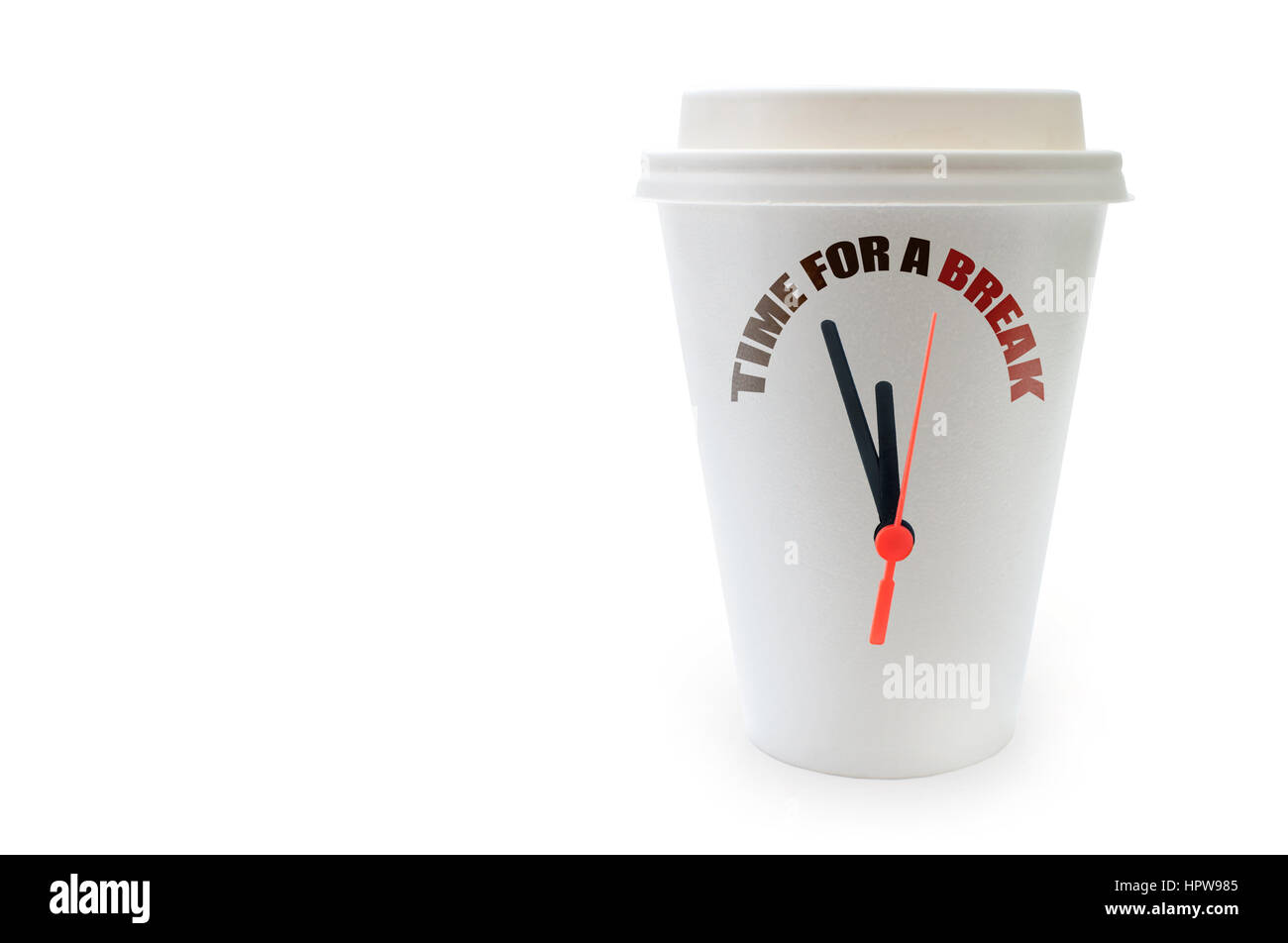 Taking a break concept with clock hands on a plastic coffee cup with ...