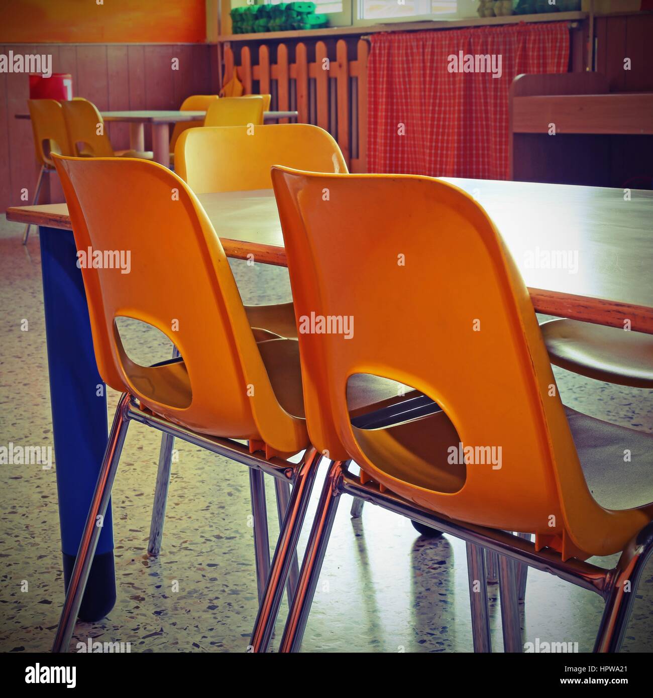small colored chairs of a school class without children Stock Photo - Alamy