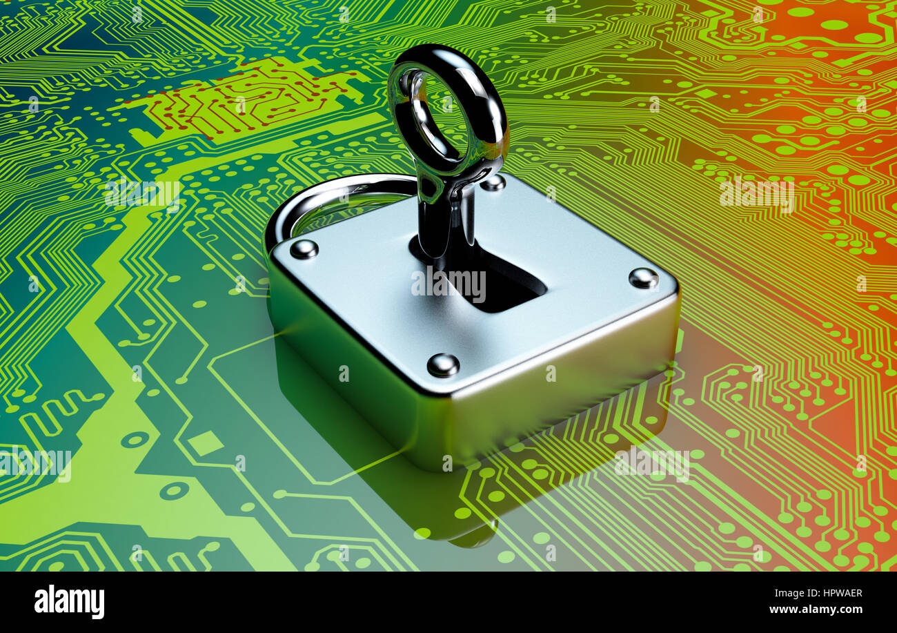 one padlock with electronic circuits on background, concept of computer ...