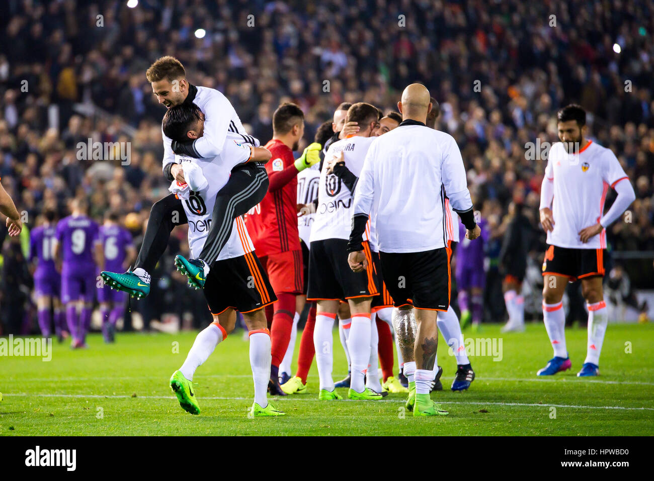 VALENCIA, SPAIN - FEB 22: Valencia players celebrate the victory at the ...