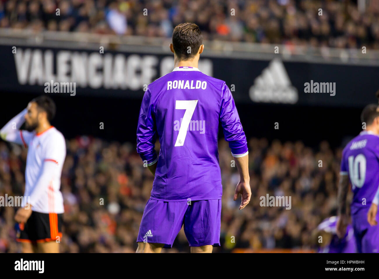 VALENCIA, SPAIN - FEB 22: Cristiano Ronaldo plays at the La Liga match ...