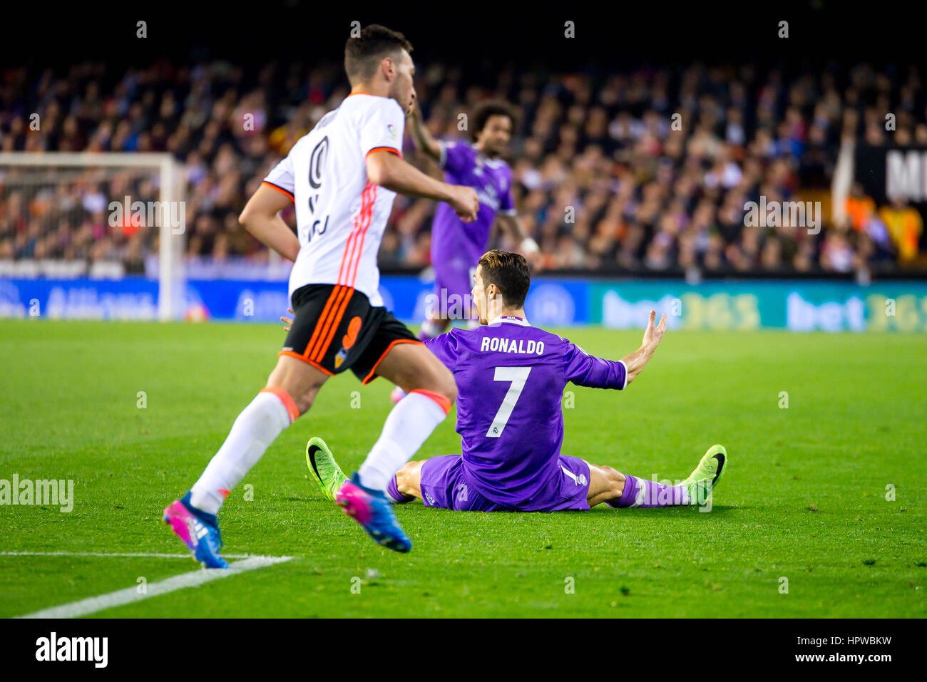 VALENCIA, SPAIN - FEB 22: Cristiano Ronaldo plays at the La Liga match ...
