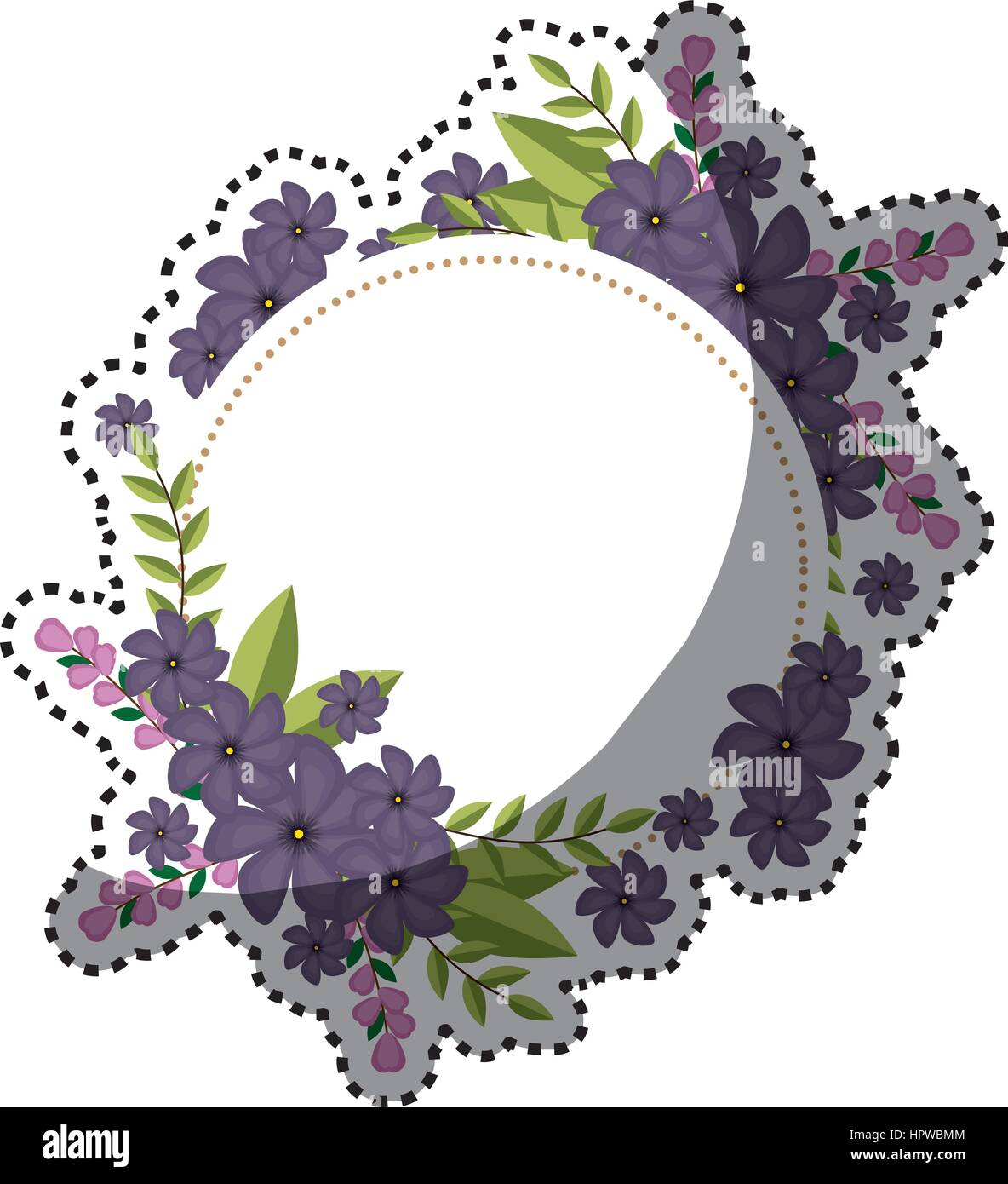 sticker circular frame with violet floral bouquet and leaves Stock ...