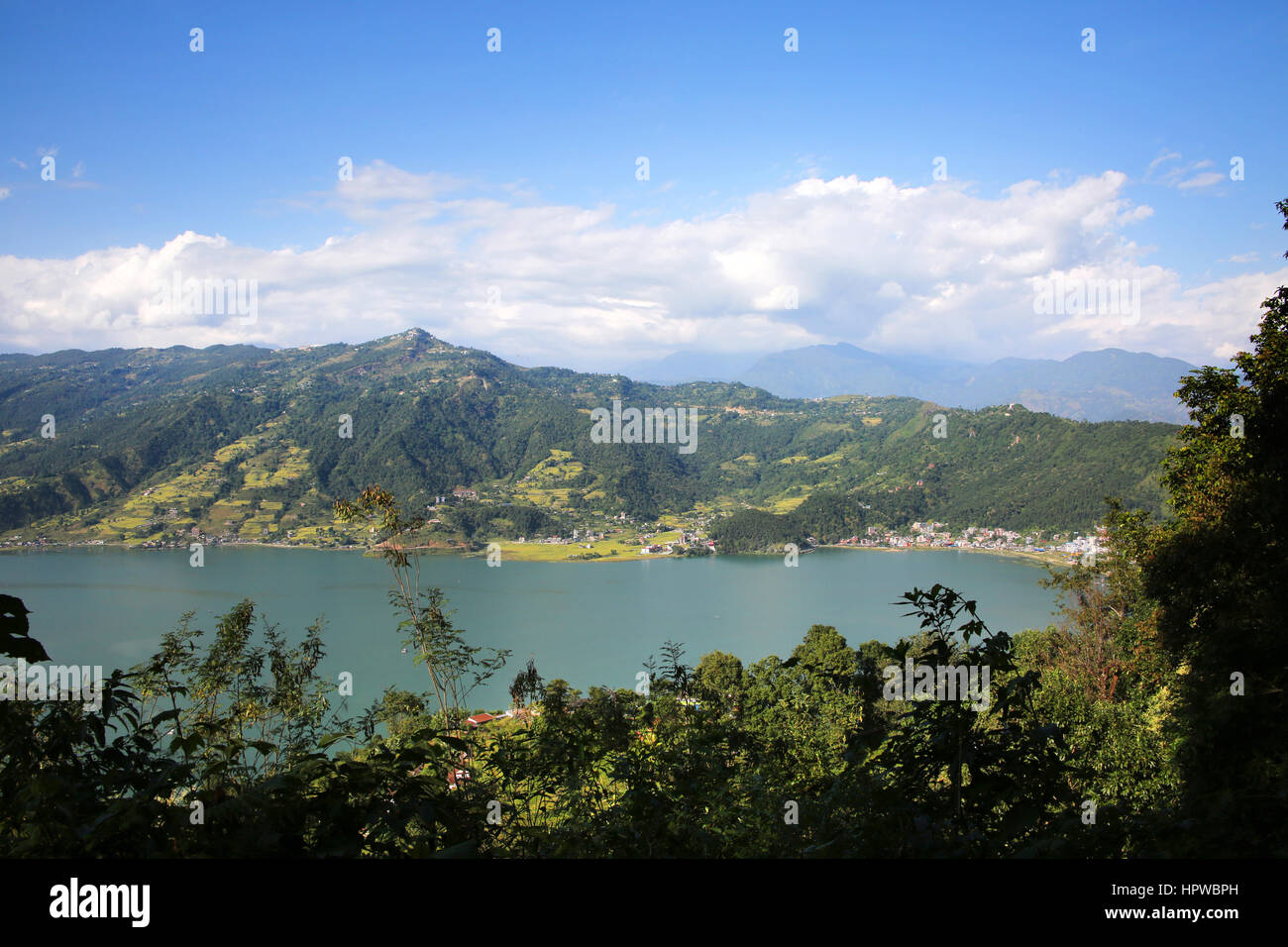 Aerial view of Pokhara with the lake & mountains in the background ...