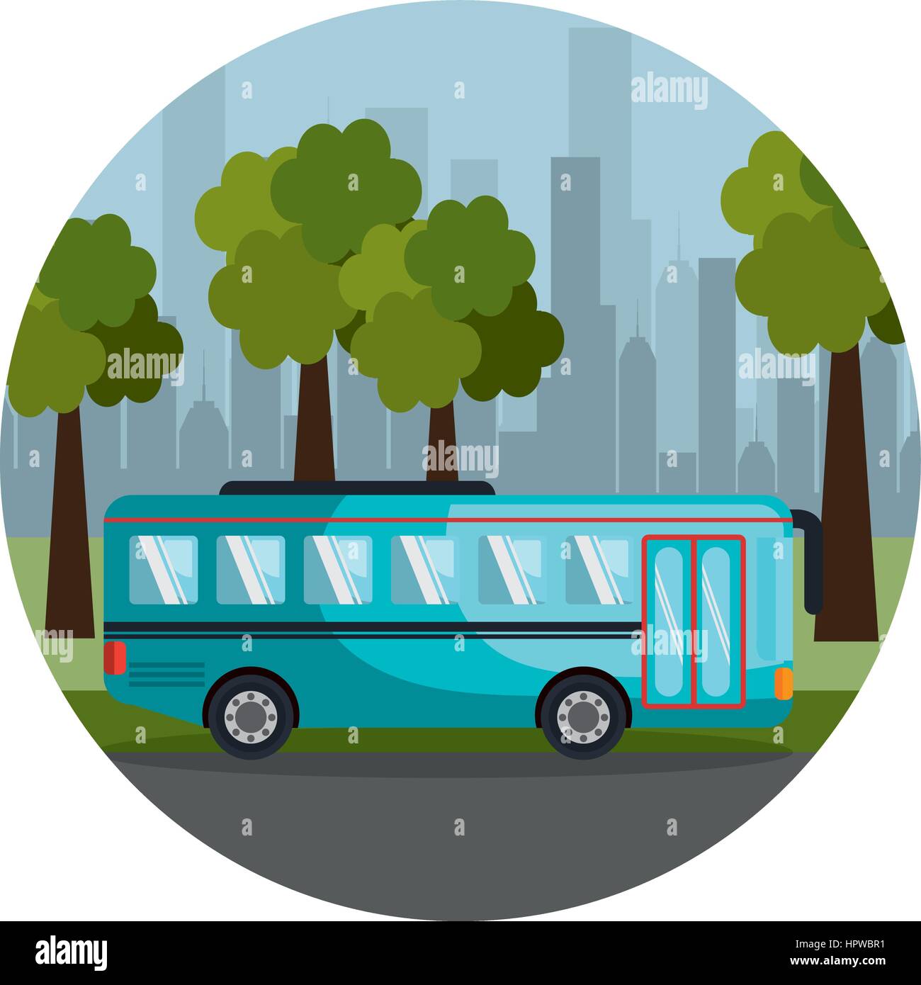 colorful circular frame with landscape with bus on city Stock Vector ...
