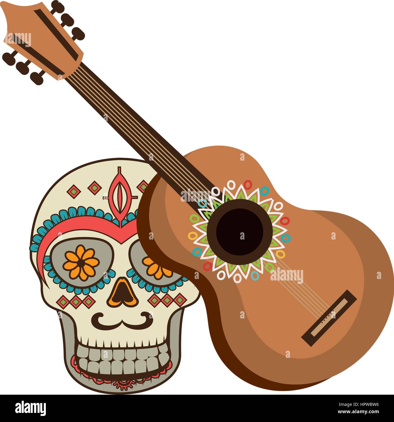 colorful acoustic guitar musical with decorative ornamental sugar skull ...