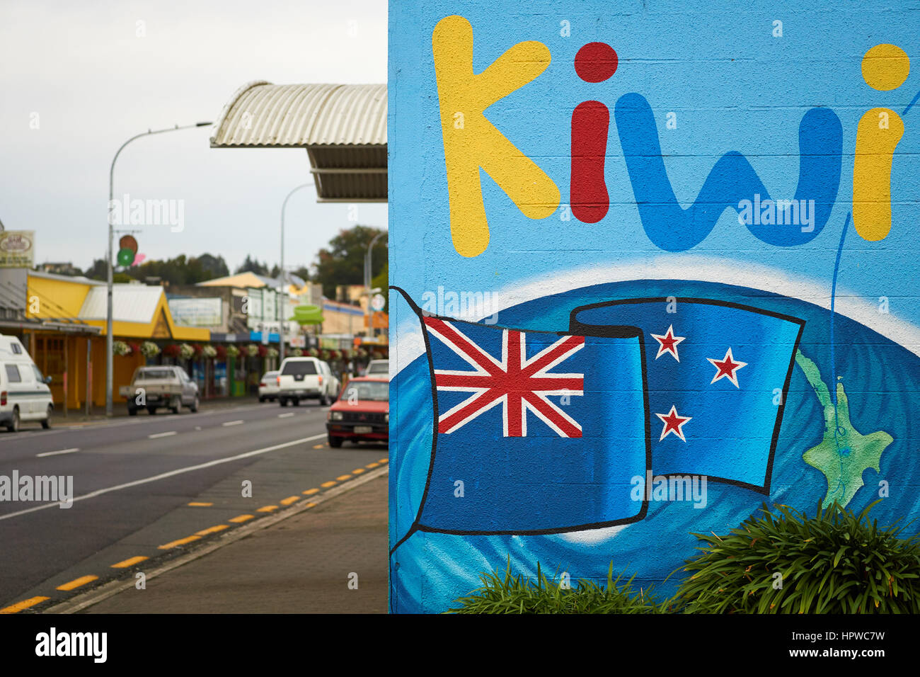 Kiwi mural with New Zealand flags in Otorohanga, North Island, New ...