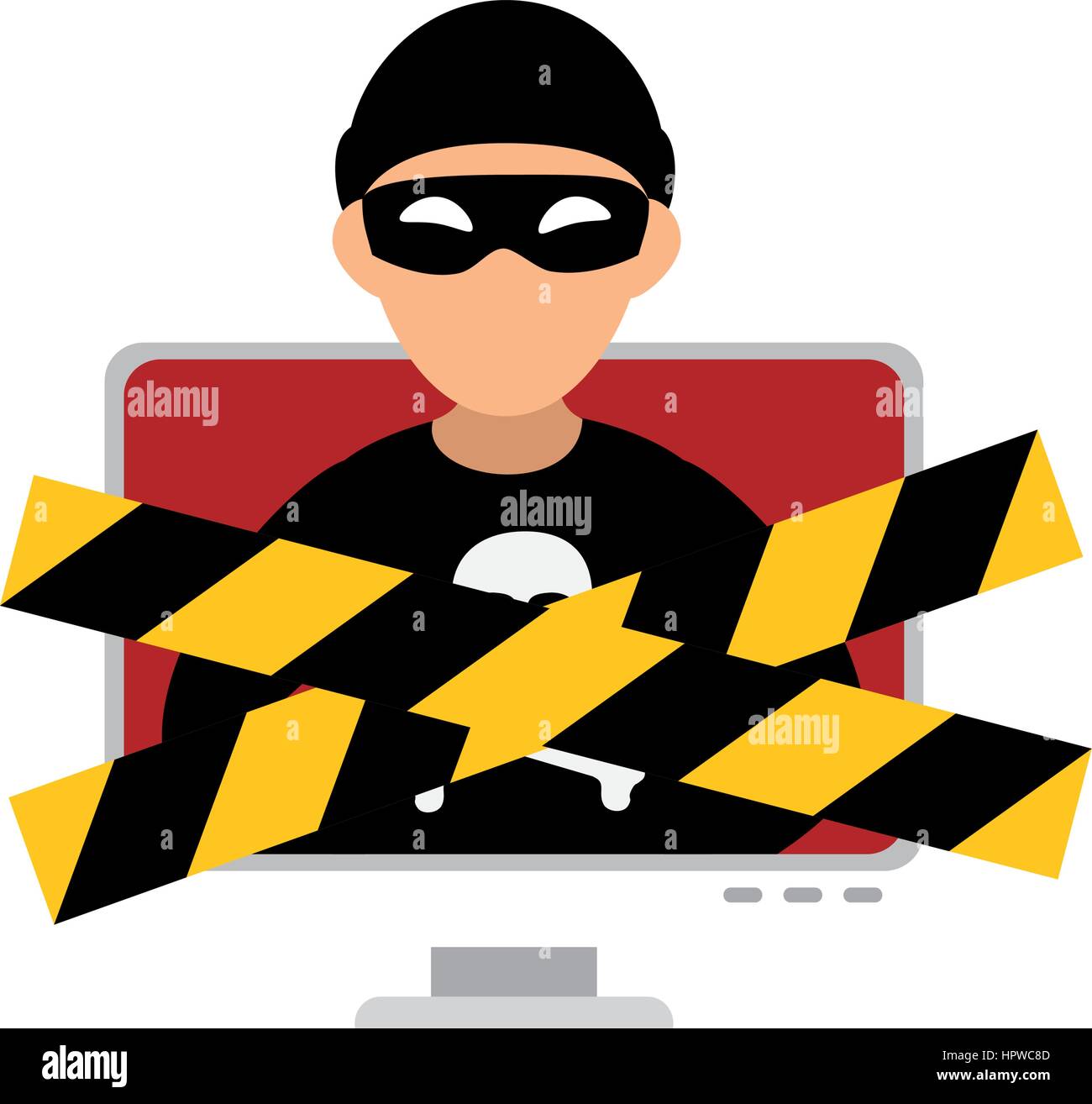 color silhouette with lcd monitor with hacker and warning tape Stock ...