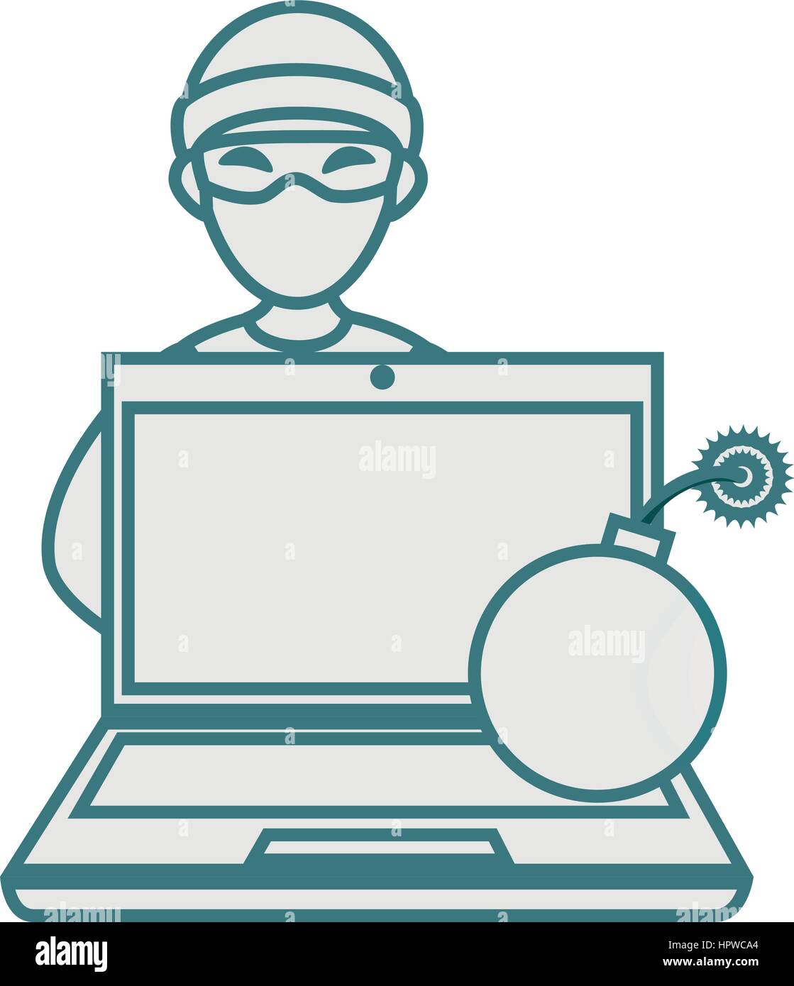 monochrome contour with hacker and laptop and bomb Stock Vector Image ...