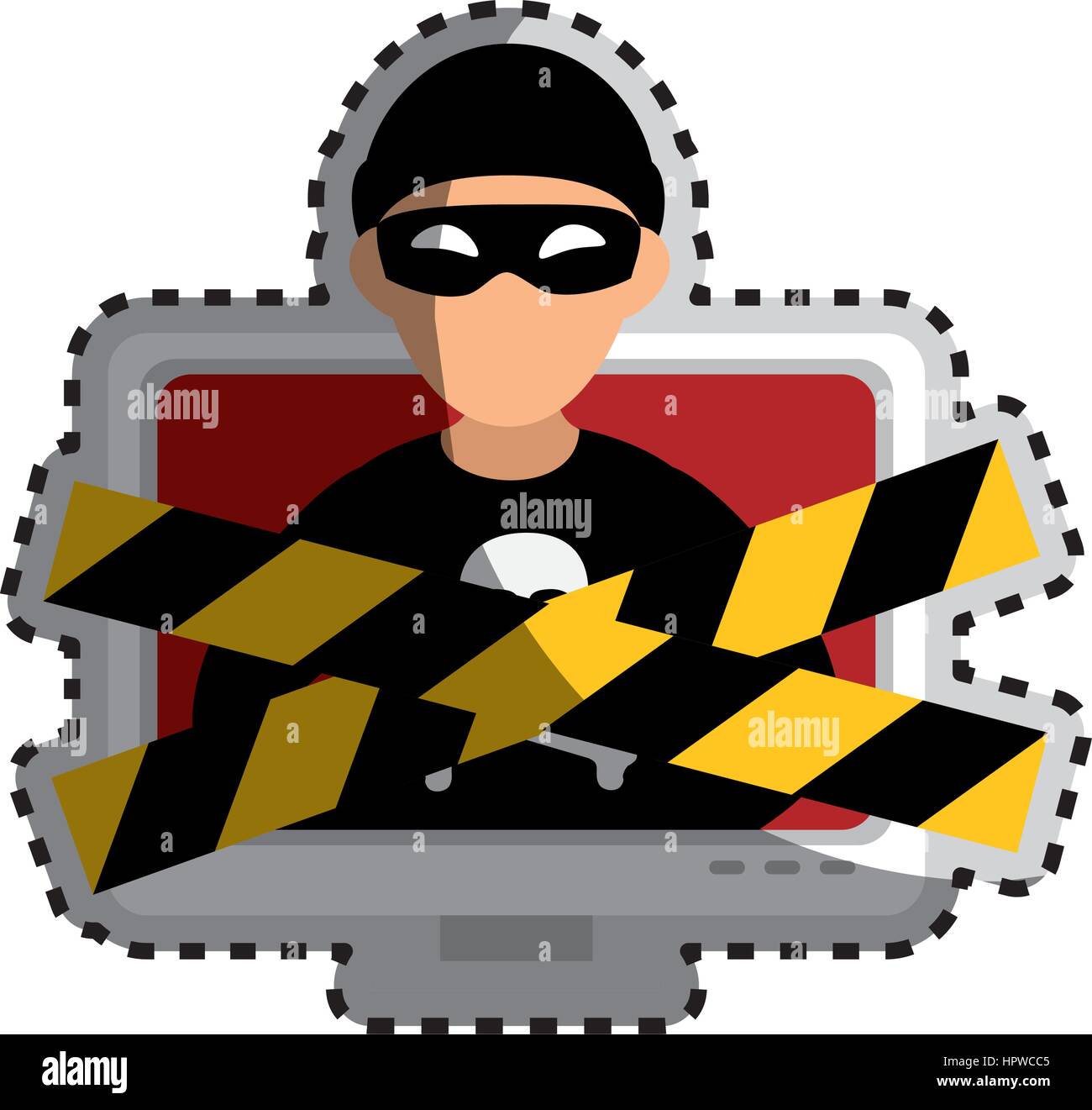 sticker color silhouette with lcd monitor with hacker and warning tape ...