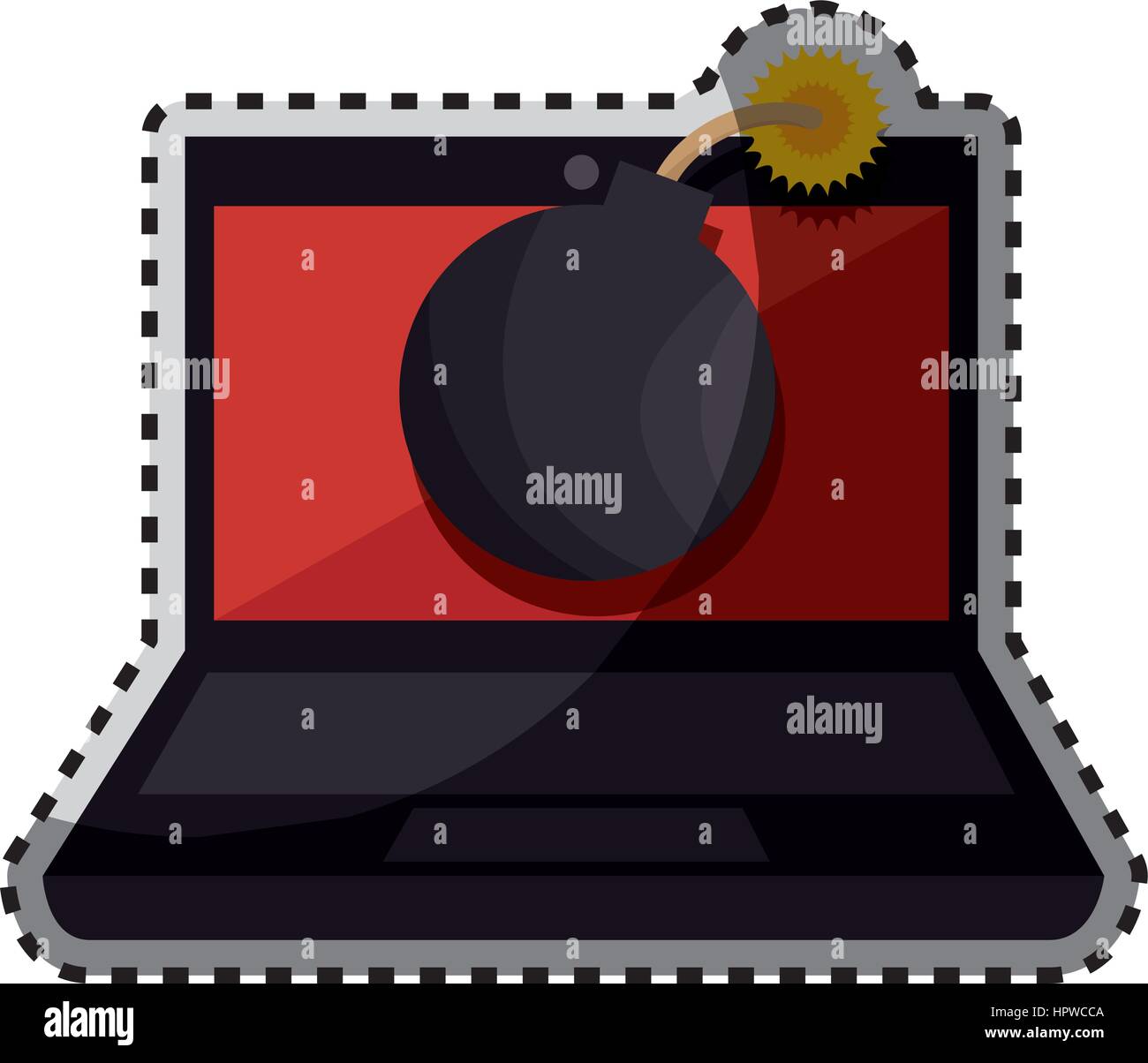 sticker color silhouette of laptop computer with virus bomb on screen ...