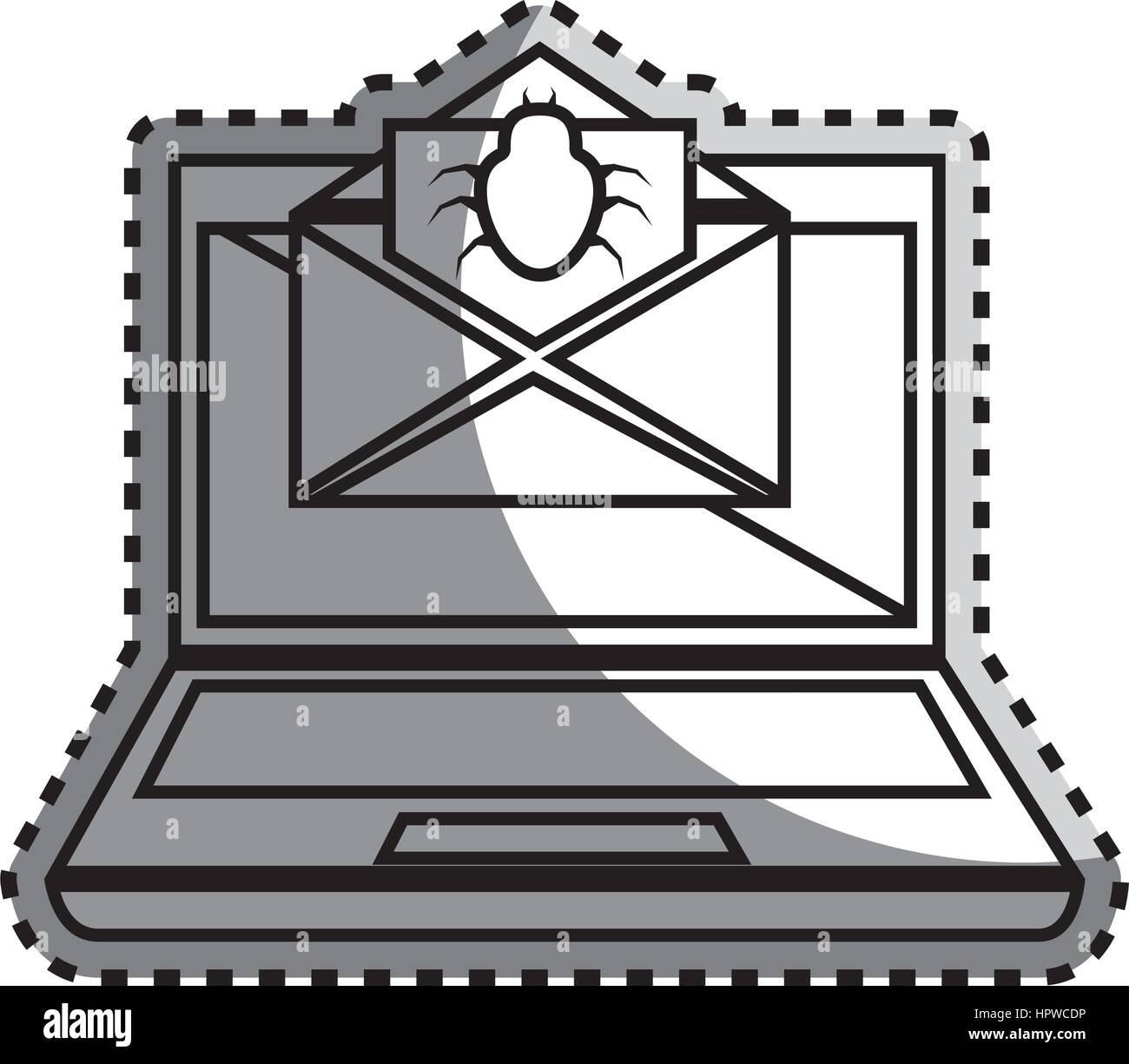 monochrome contour sticker with laptop computer and virus mail Stock ...