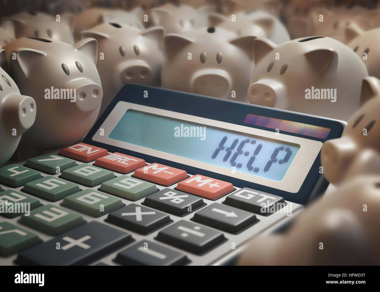 Calculator with the word help and piggy banks, illustration Stock Photo ...