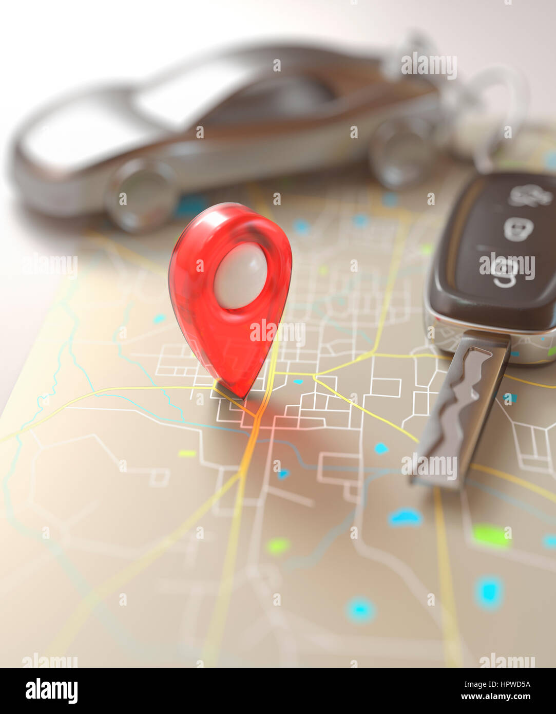 Gps position on map with car key, illustration Stock Photo - Alamy