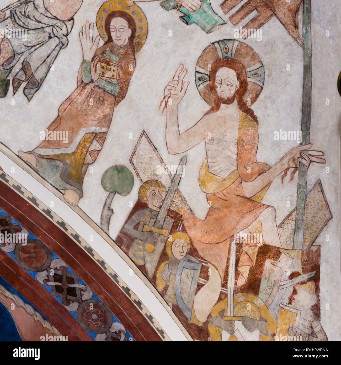 Resurrection of Jesus from the tomb in front of the soldiers. A gothic fresco in Skibby church ...