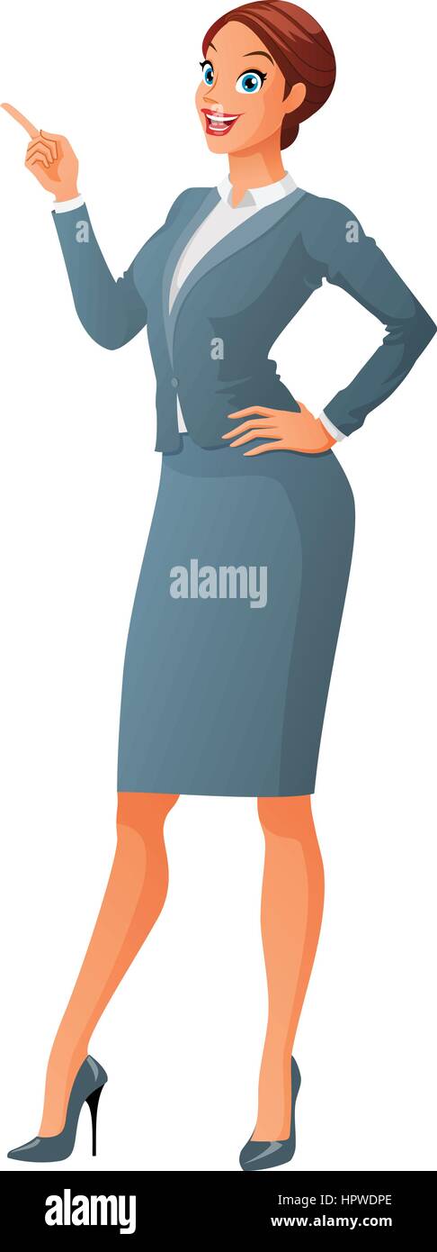Smiling business woman with finger point up. Cartoon vector ...