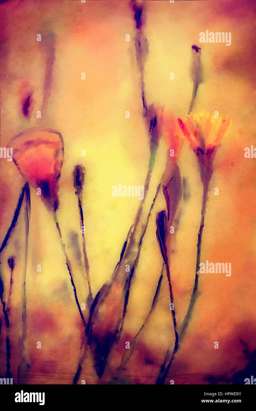 watercolor vertical abstract painting, wild flowers and branches ...