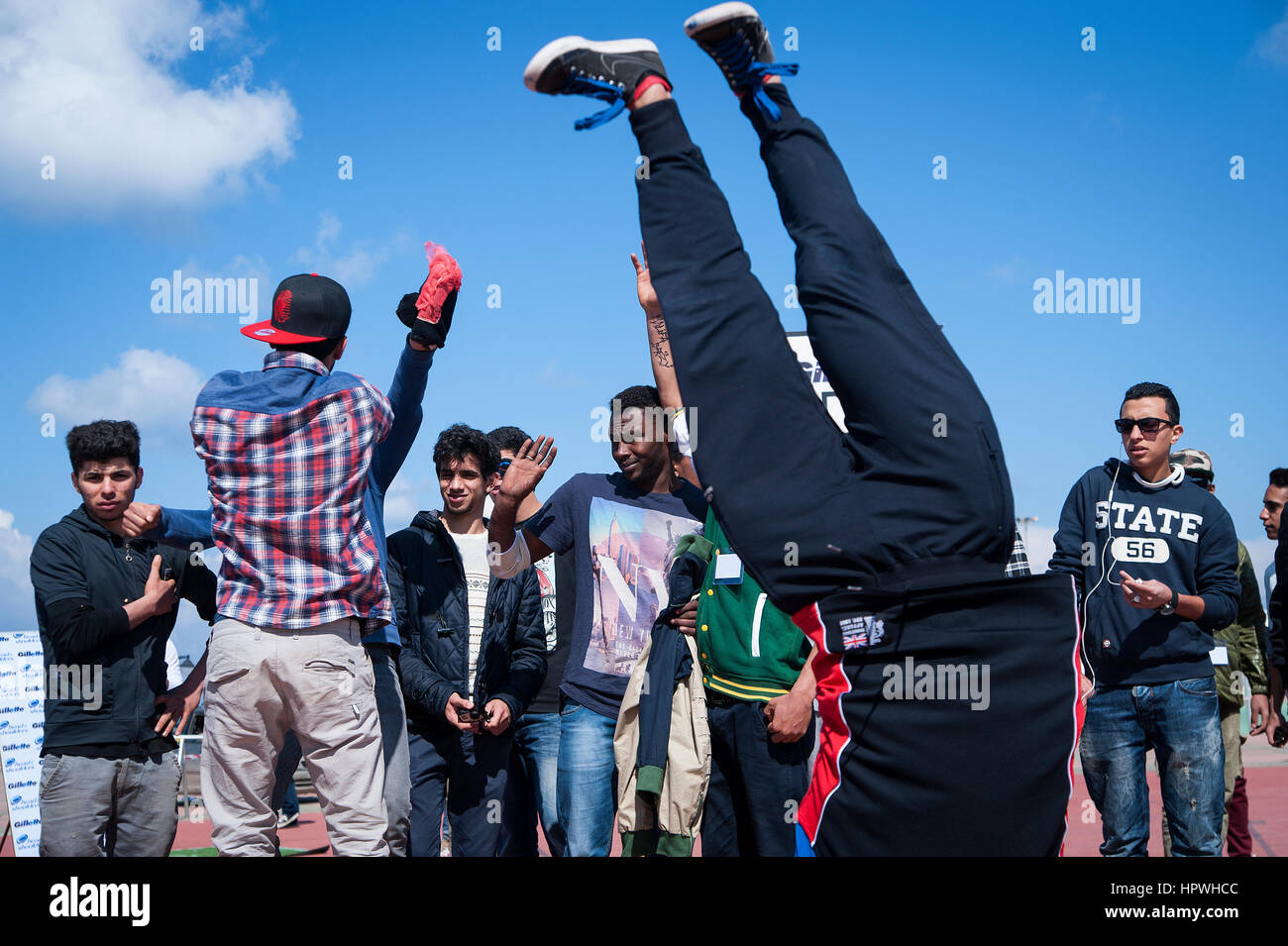 Libya, Tripoli: Young guys breakdance at an open air dance and parkour ...