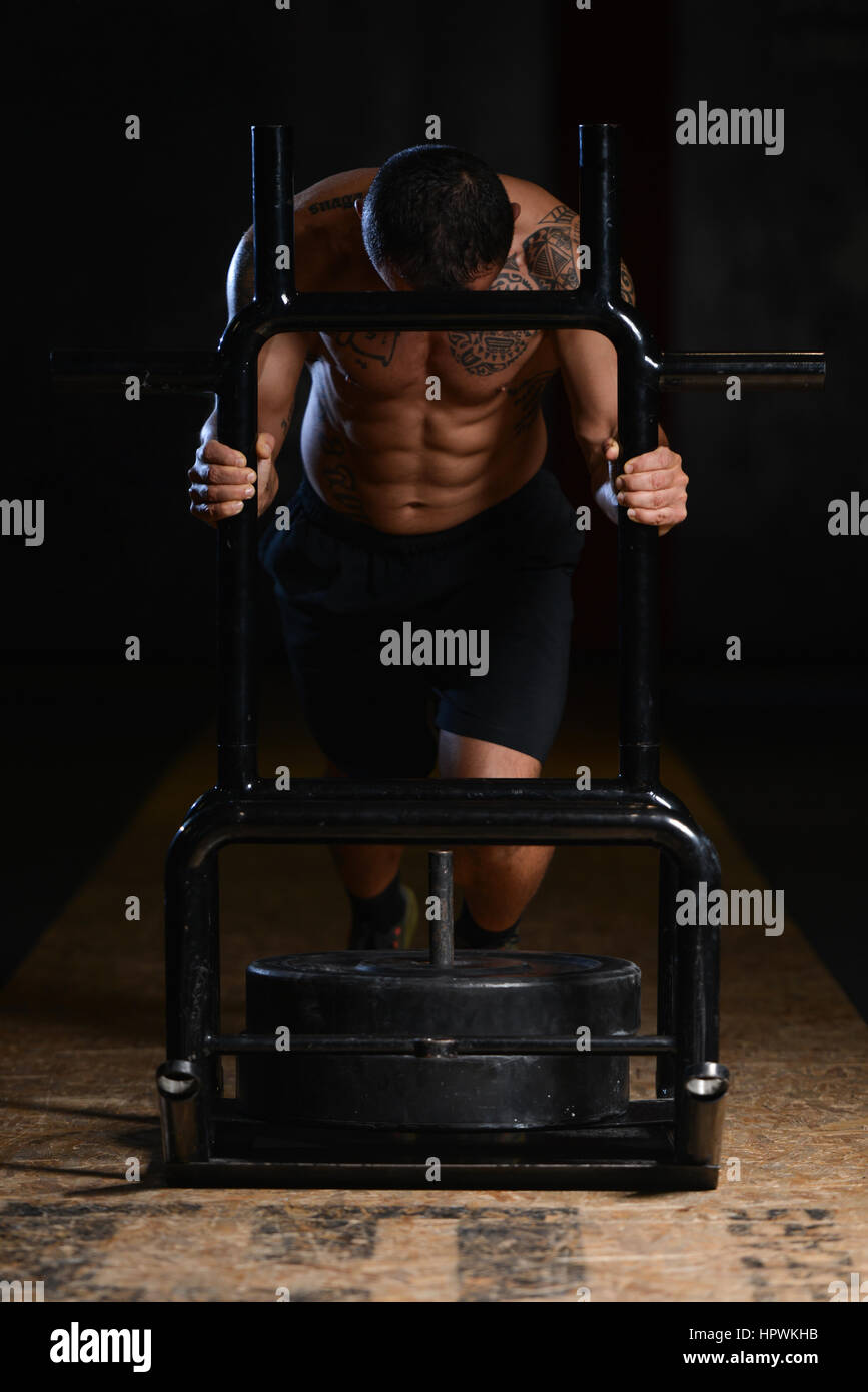 Muscular Man Doing Heavy Weight Exercise Weighted Speed Sled In Gym ...