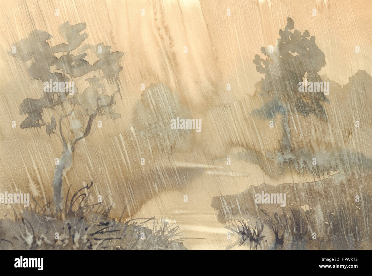 Watercolor hand drawn illustration of rain landscape with a river and ...