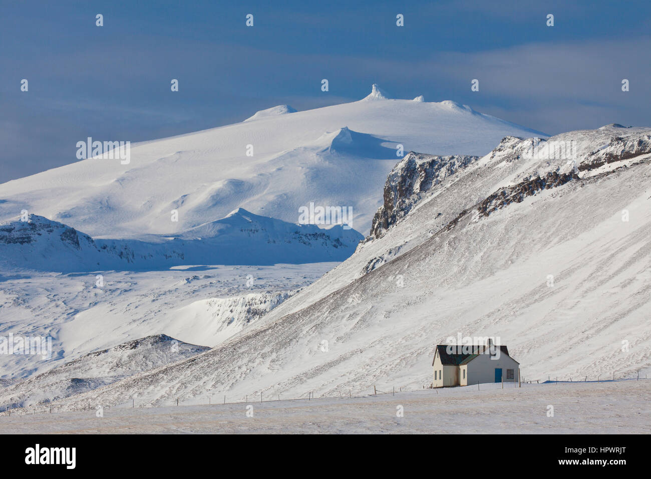 Lonely house in desolate landscape in the snow in winter on the ...