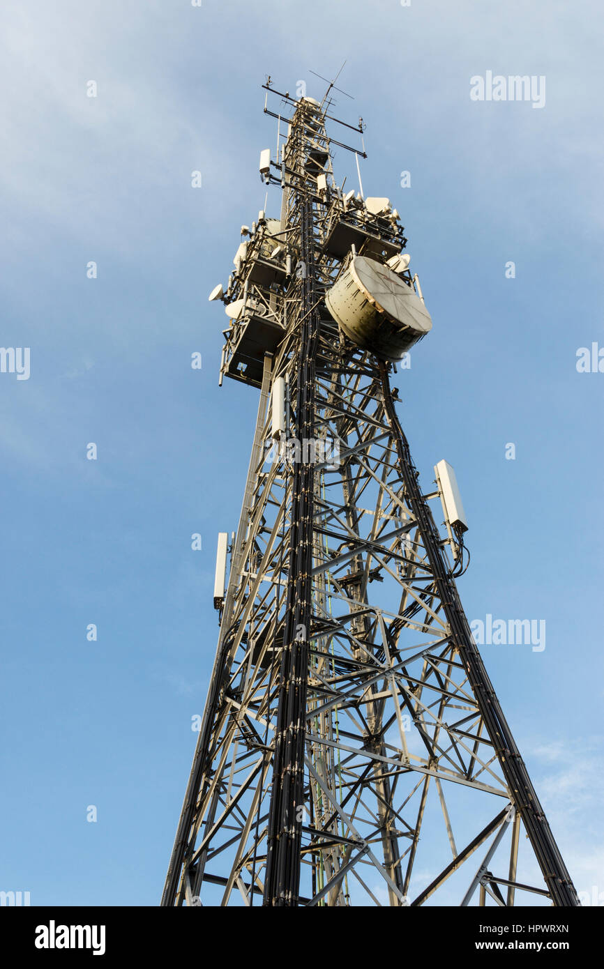 Looking up at a telecommunications mast or microwave tower in Highgate ...