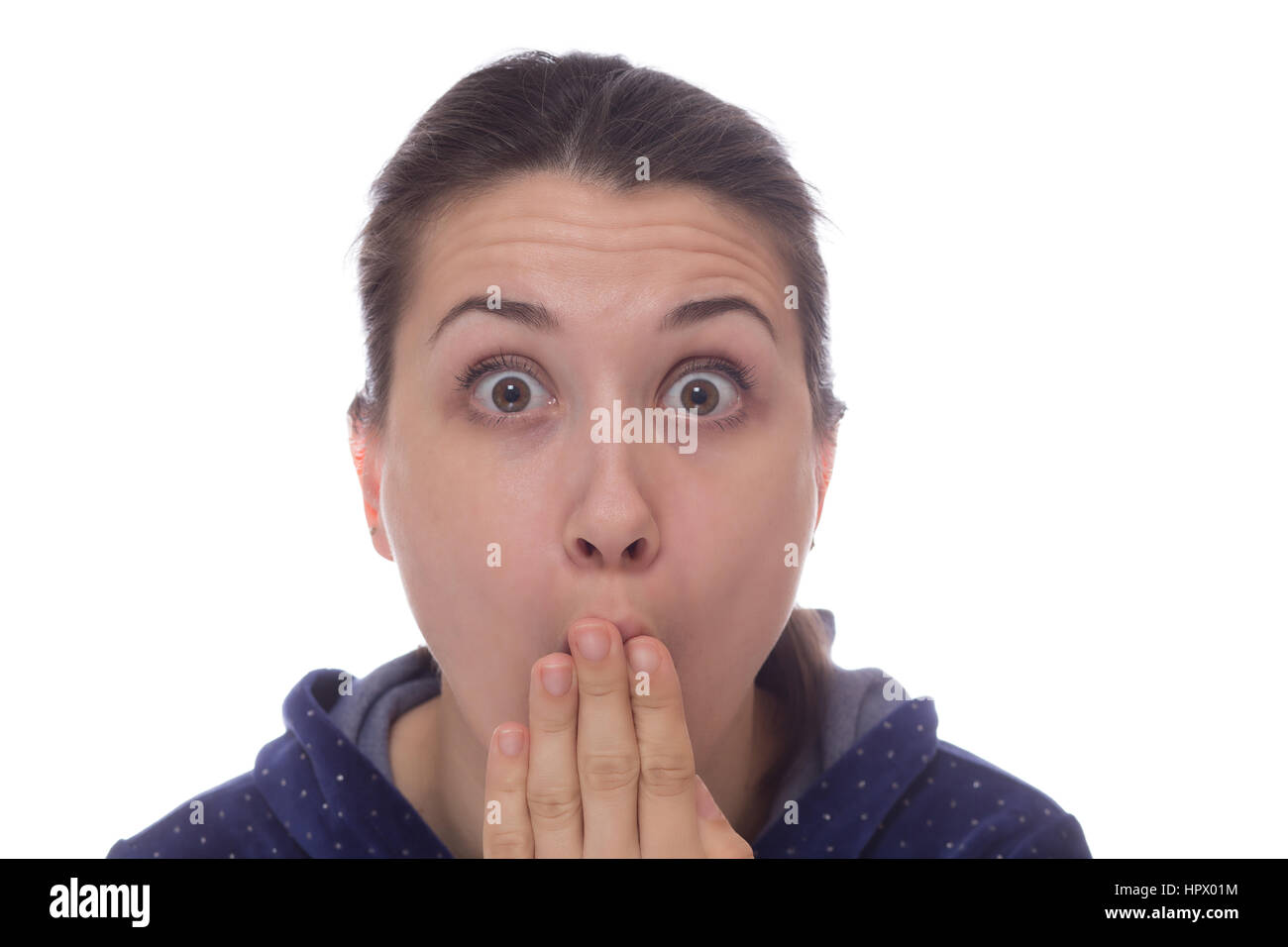 Surprised young woman isolated on white background Stock Photo - Alamy
