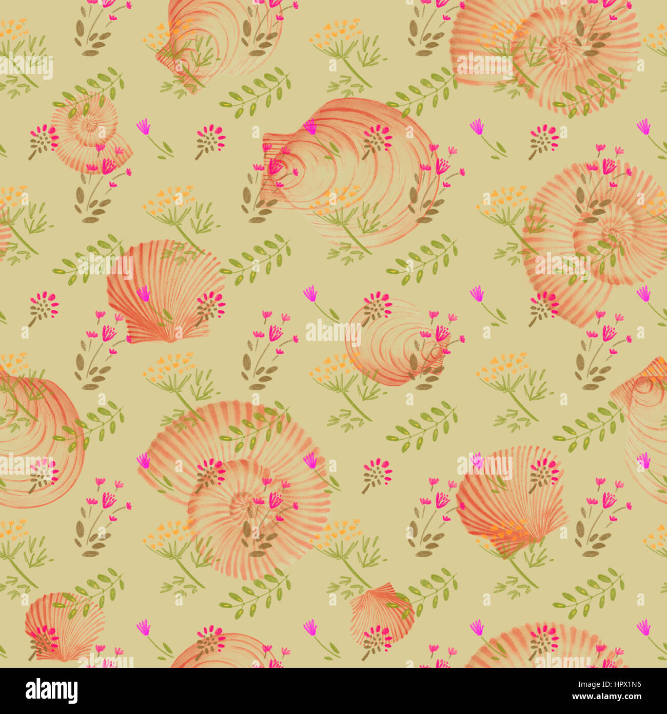 Seamless pattern with realistically drawn sea fossils and cute little ...