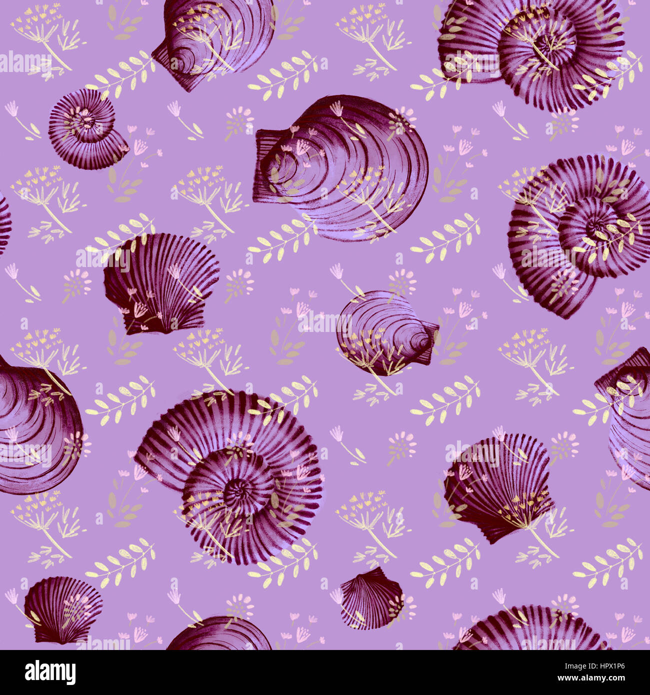 Seamless pattern with realistically drawn sea fossils and cute little ...