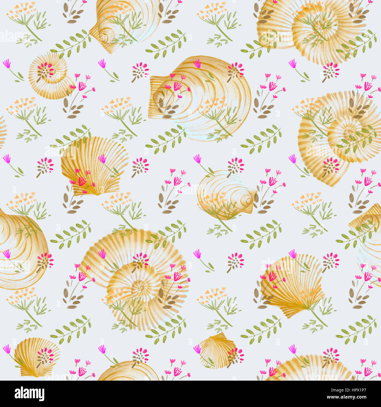 Seamless pattern with realistically drawn sea fossils and cute little ...