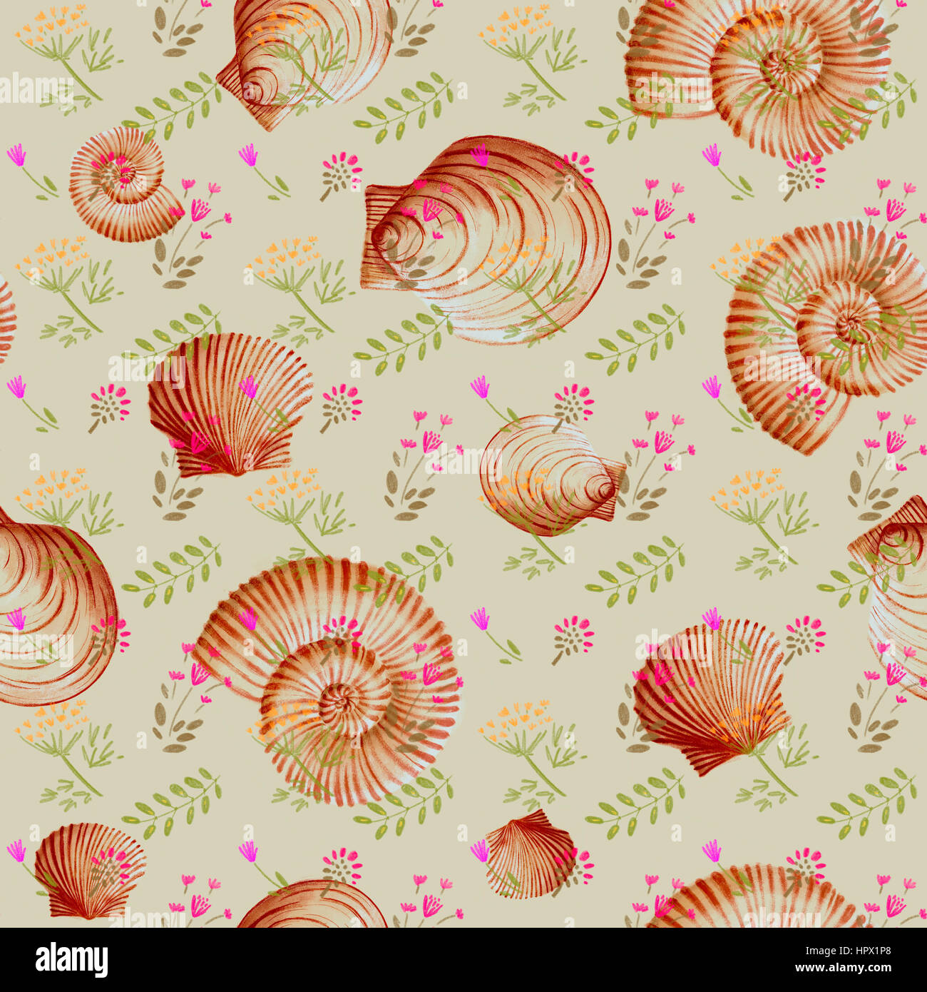 Seamless pattern with realistically drawn sea fossils and cute little ...
