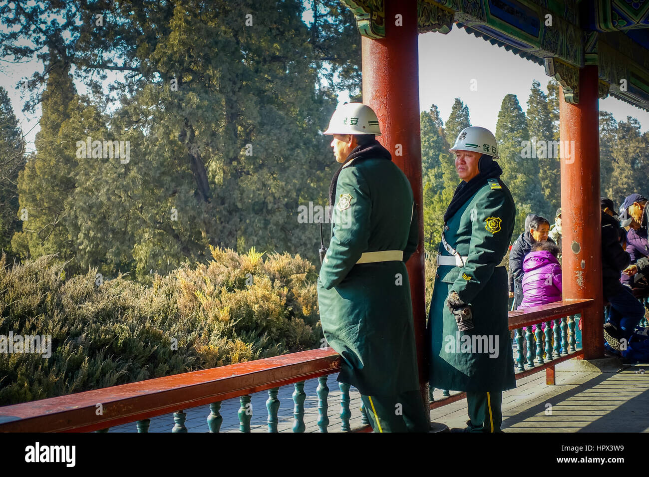 BEIJING, CHINA - 29 JANUARY, 2017: Guards wearing green uniform coats ...