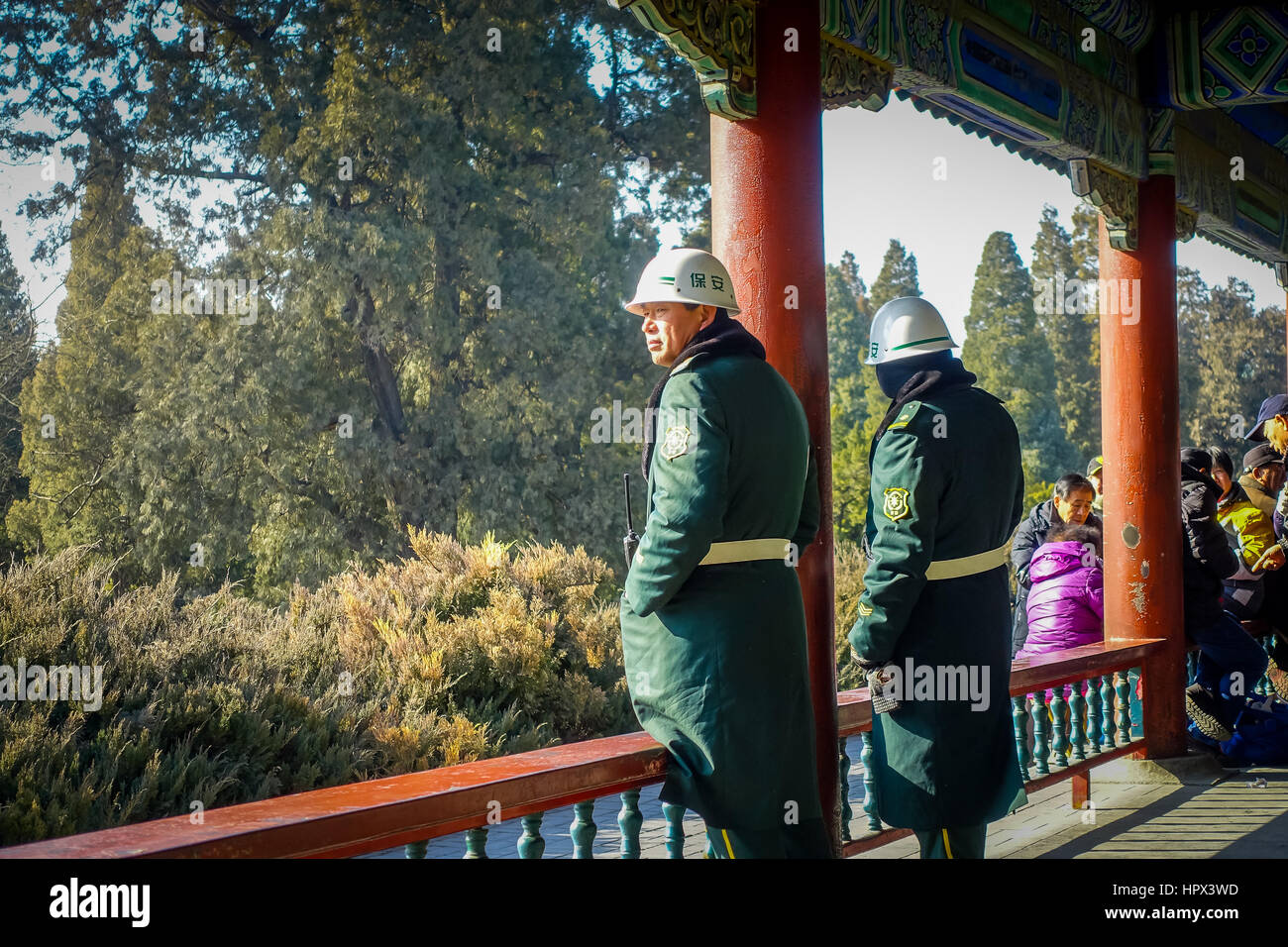 BEIJING, CHINA - 29 JANUARY, 2017: Guards wearing green uniform coats ...