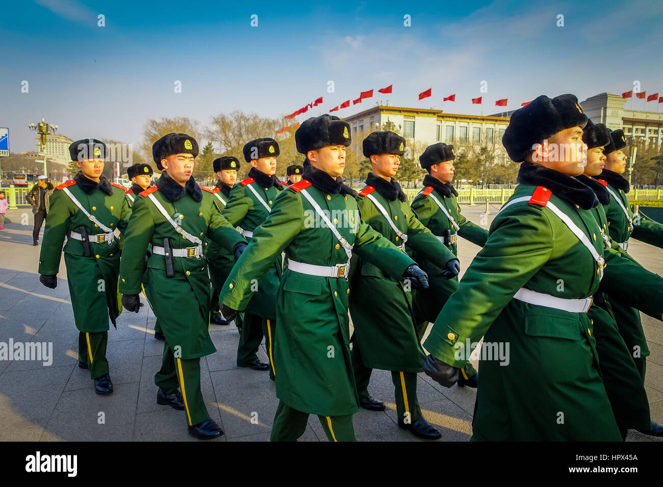 BEIJING, CHINA - 29 JANUARY, 2017: Chinese army soldiers marching on ...