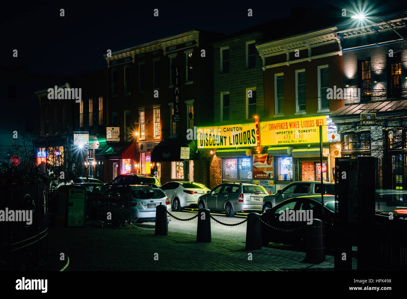 Businesses at O'Donnell Square at night, in Canton, Baltimore, Maryland ...