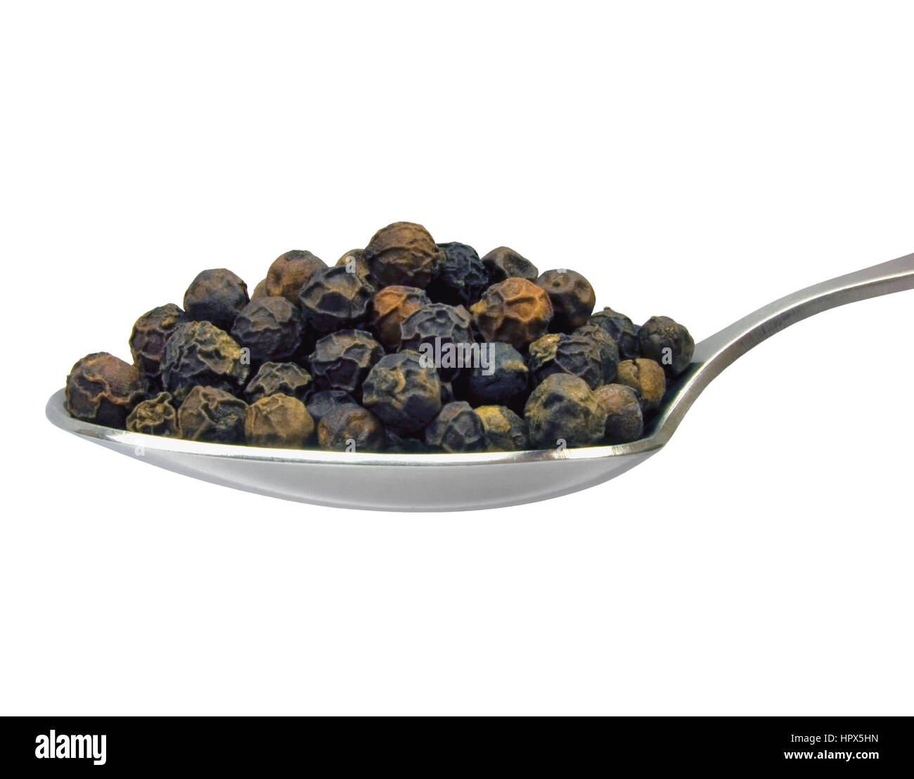 Spoonful of black pepper grains, isolated spoon, detailed horizontal ...