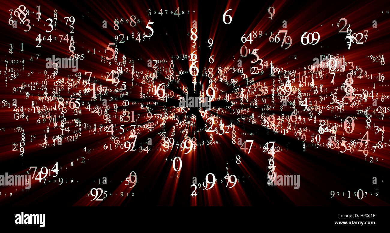 burst set of random numbers glowing red rays on a black background ...