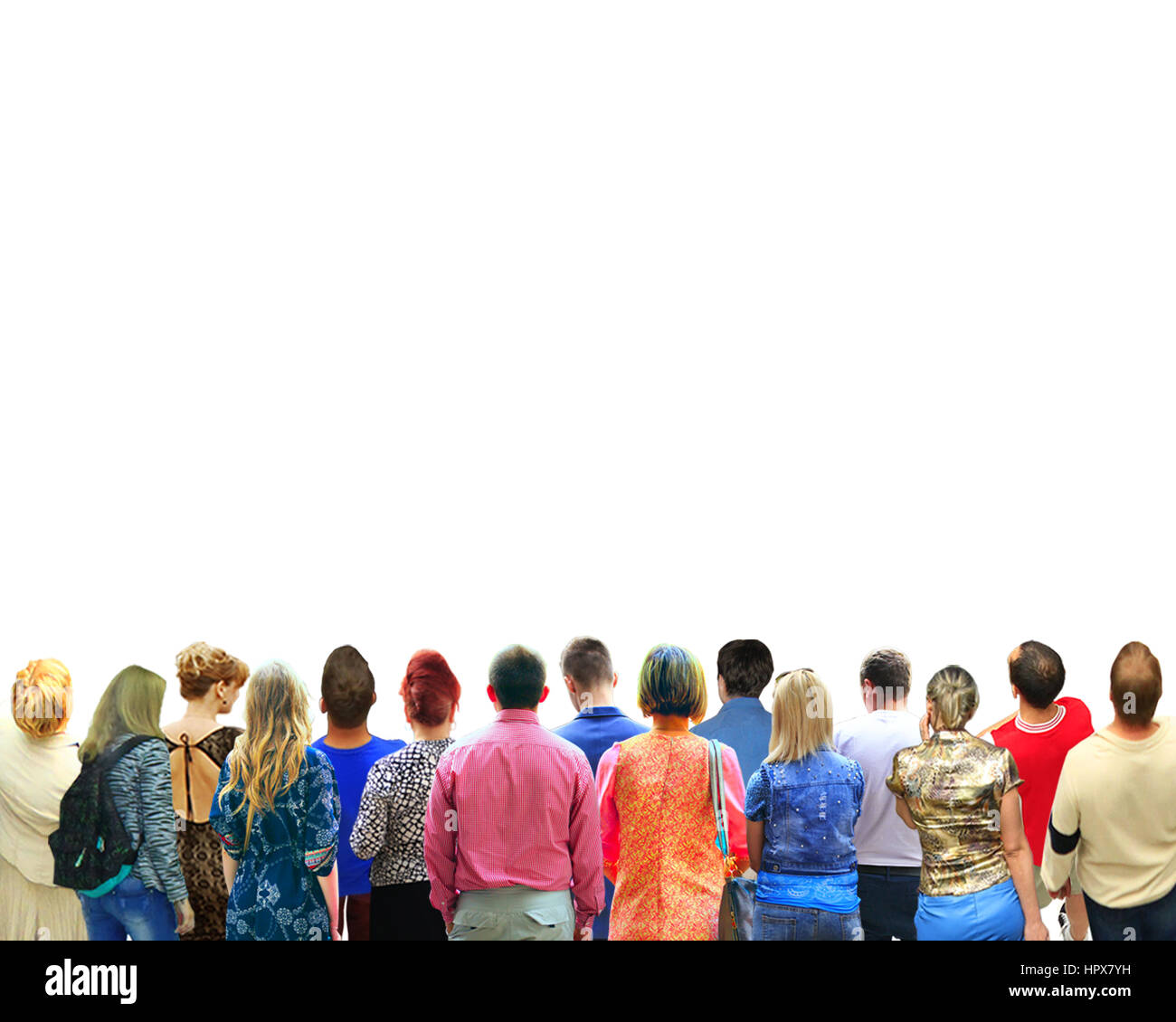 crowd of people stand in row isolated on the white background. People ...