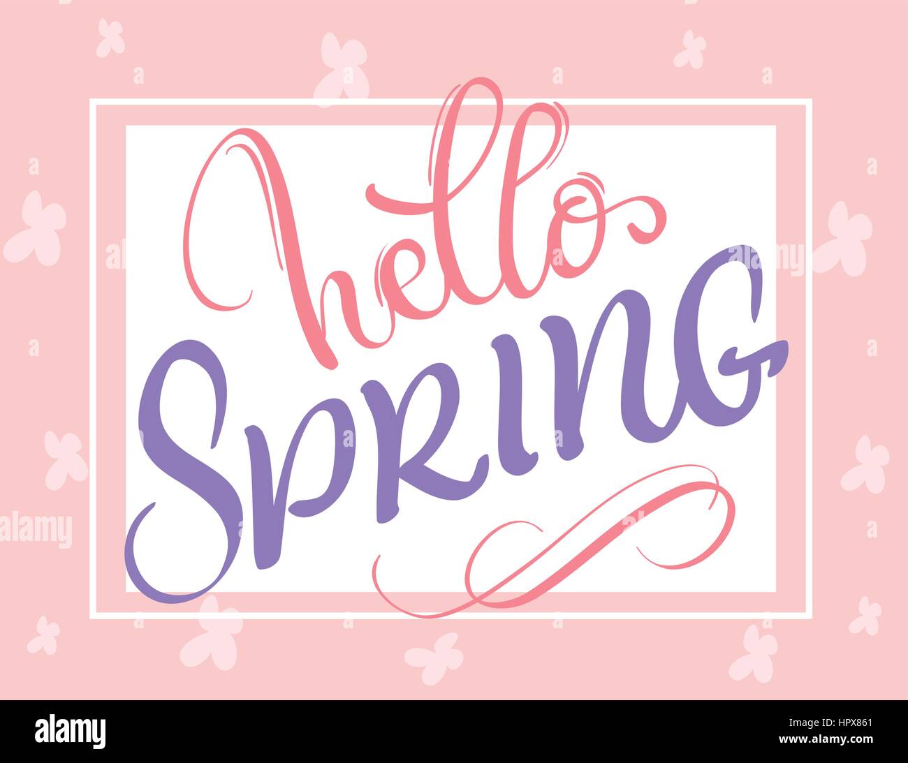 Hello Spring words on white background frame. Calligraphy lettering ...